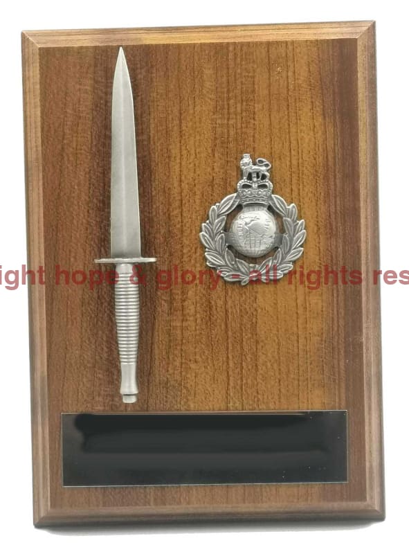 ROYAL MARINES Commando Dagger and CAP BADGE Walnut Military Plaque